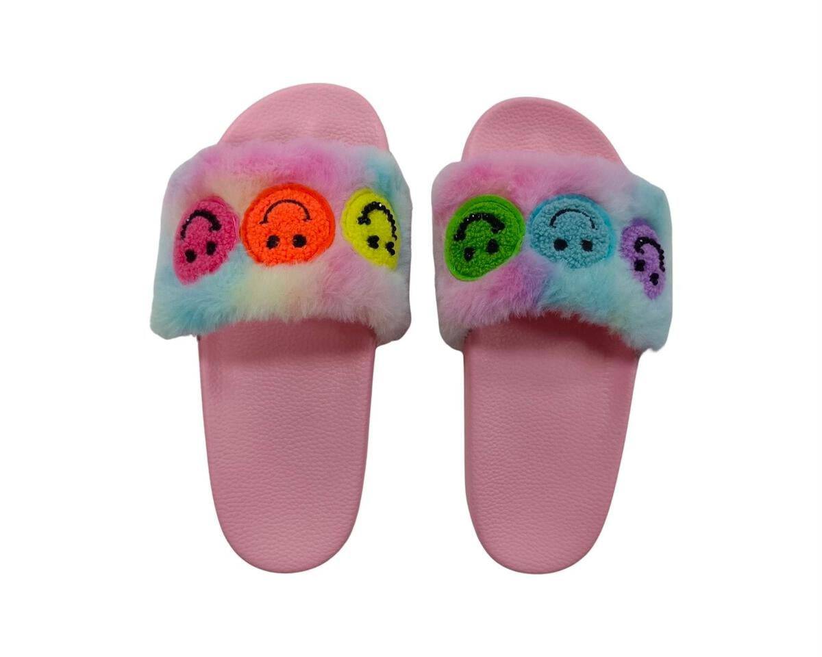 Pink Smiley Faux Fur Slides | Twinkle Twinkle Little One