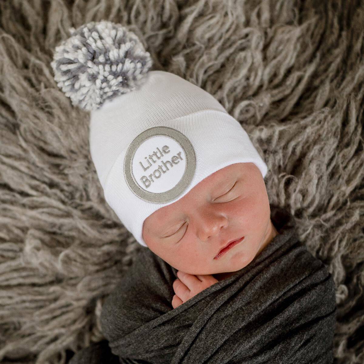 White Little Brother Mixed Pom Newborn Hospital Hat | Twinkle Twinkle ...